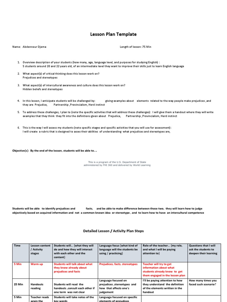 Lesson Plan Template | PDF | Stereotypes | Prejudices