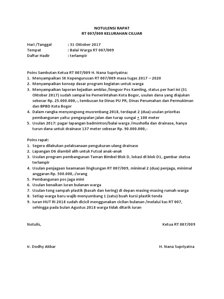 Notulen Rapat RT 007/009 Ciluar | PDF