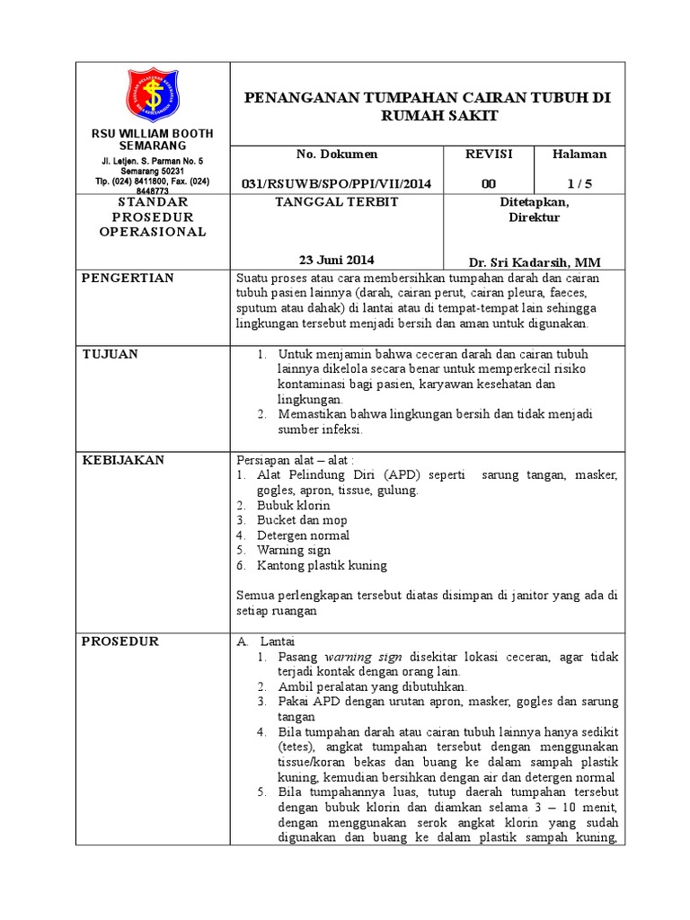 Spo - Penanganan Tumpahan Cairan Tubuh Di Rumah Sakit | PDF