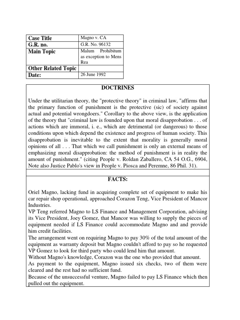 Case Title G.R. No. Main Topic: Magno v. CA G.R. No. 96132 Malum ...