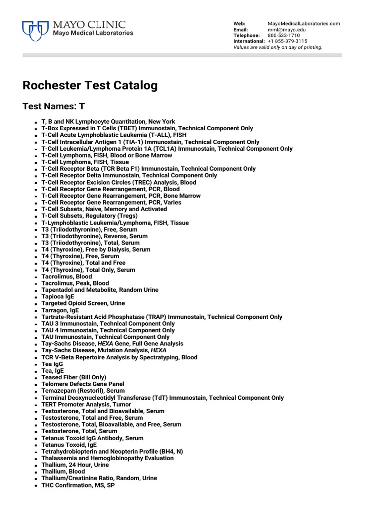 Rochester Test Catalog | PDF | Molecular Biology | Biochemistry