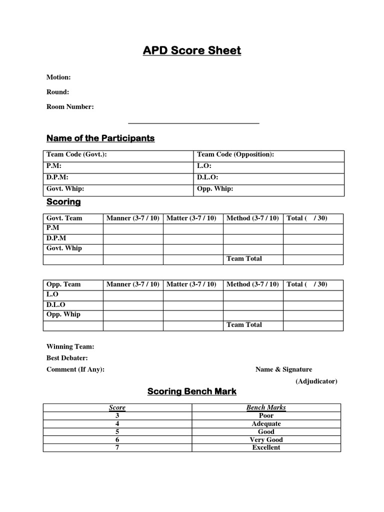 APD Debate Scoring Sheet | PDF