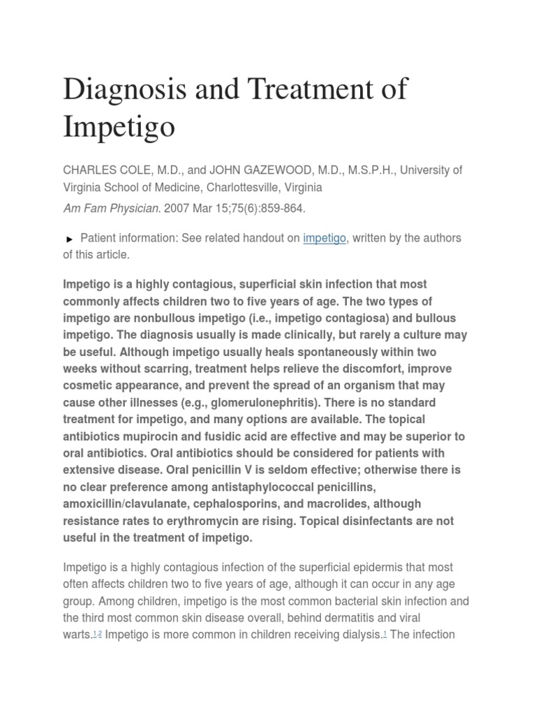 Impetigo: Diagnosis and Treatment Guide | PDF | Streptococcus | Infection