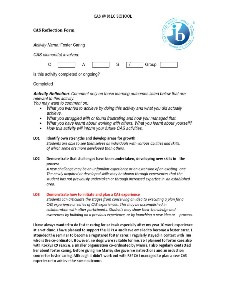 Cas Reflection Form 3 Behavioural Sciences Psychology