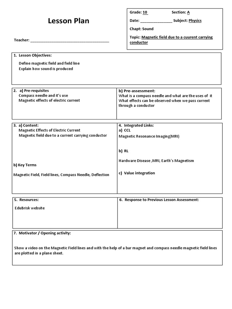 Lesson Plan Physics Magnetic Effects of Electric Current | PDF ...