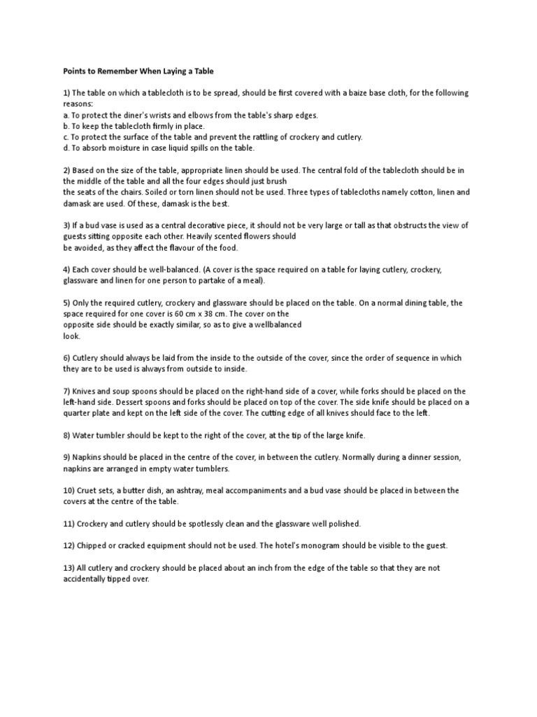 Points To Remember When Laying A Table | PDF | Tableware | Domestic Life
