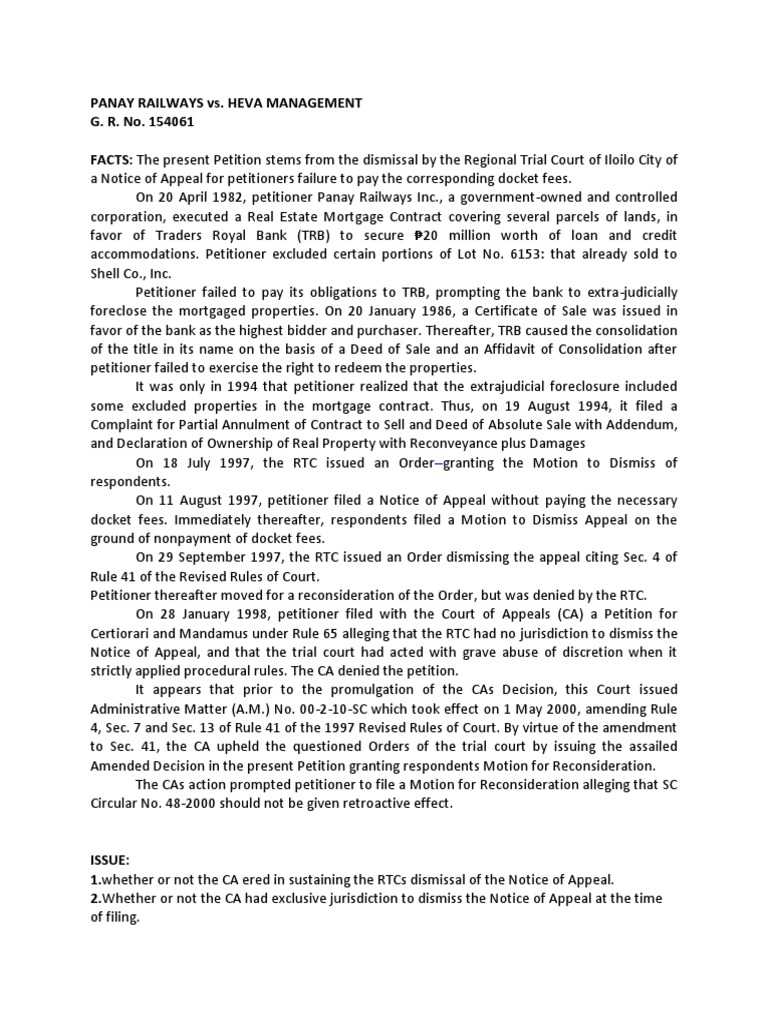 Panay Railways Vs HEVA Management | PDF | Foreclosure | Lawsuit