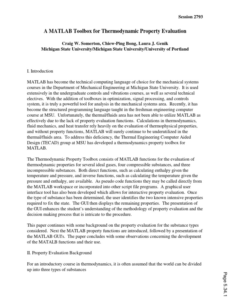 A Matlab Toolbox For Thermodynamic Property Evaluation PDF | PDF ...