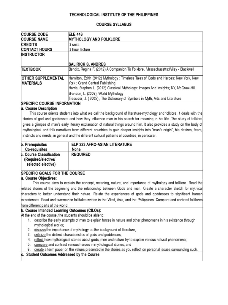 ELE 443 Mythology and Folklore Syllabus | PDF | Mythology | Paleo ...