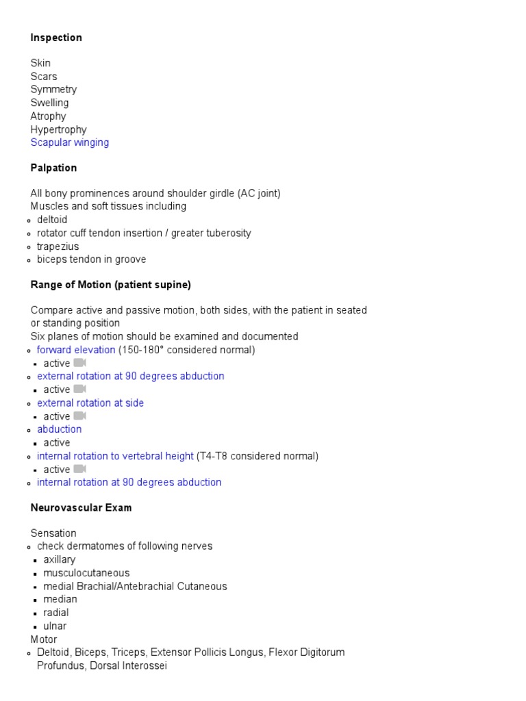 Shoulder Exam: Inspection, Palpation, ROM, Special Tests | PDF ...