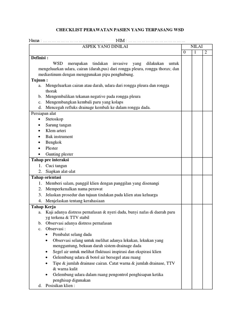 Checklist Perawatan Pasien Yang Terpasang WSD | PDF