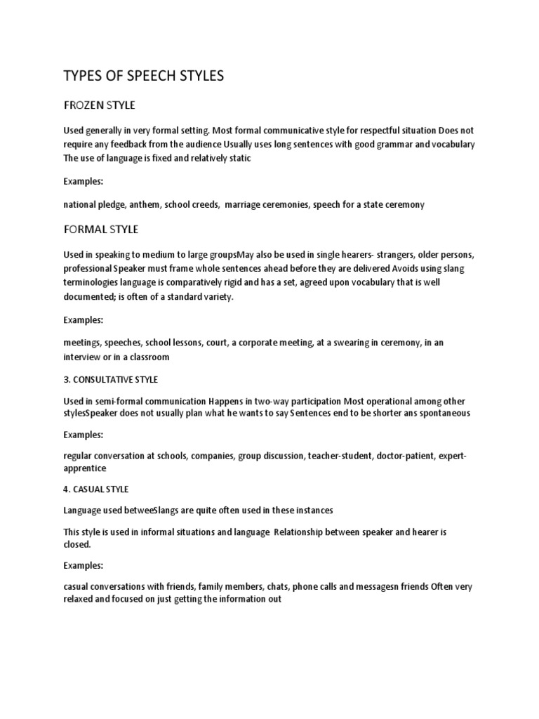 Types of Speech Styles: Frozen Style | PDF