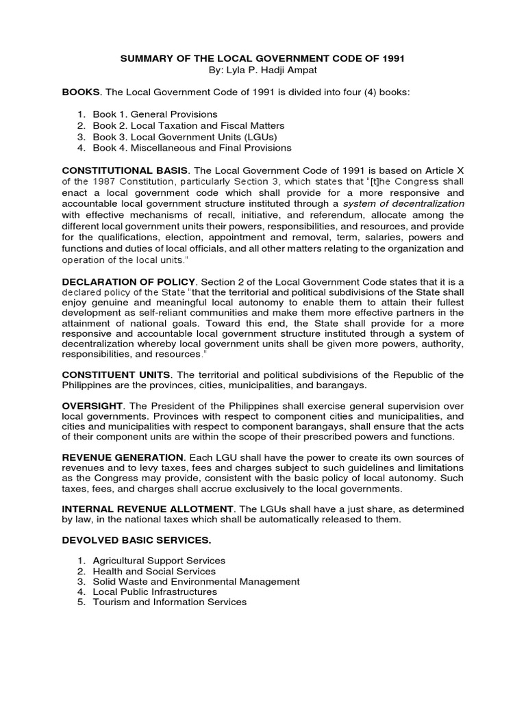 Summary of The Local Government Code of 1991 | PDF | Local Government ...