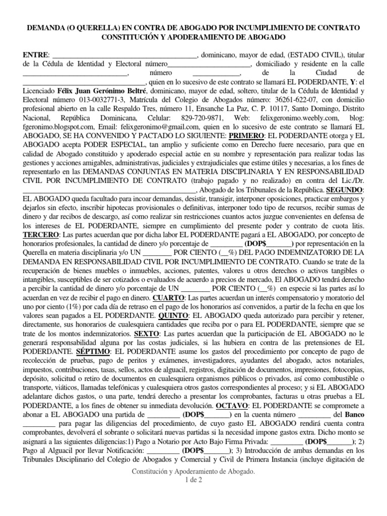 Constitución De Abogado Pdf República Dominicana Demanda Judicial