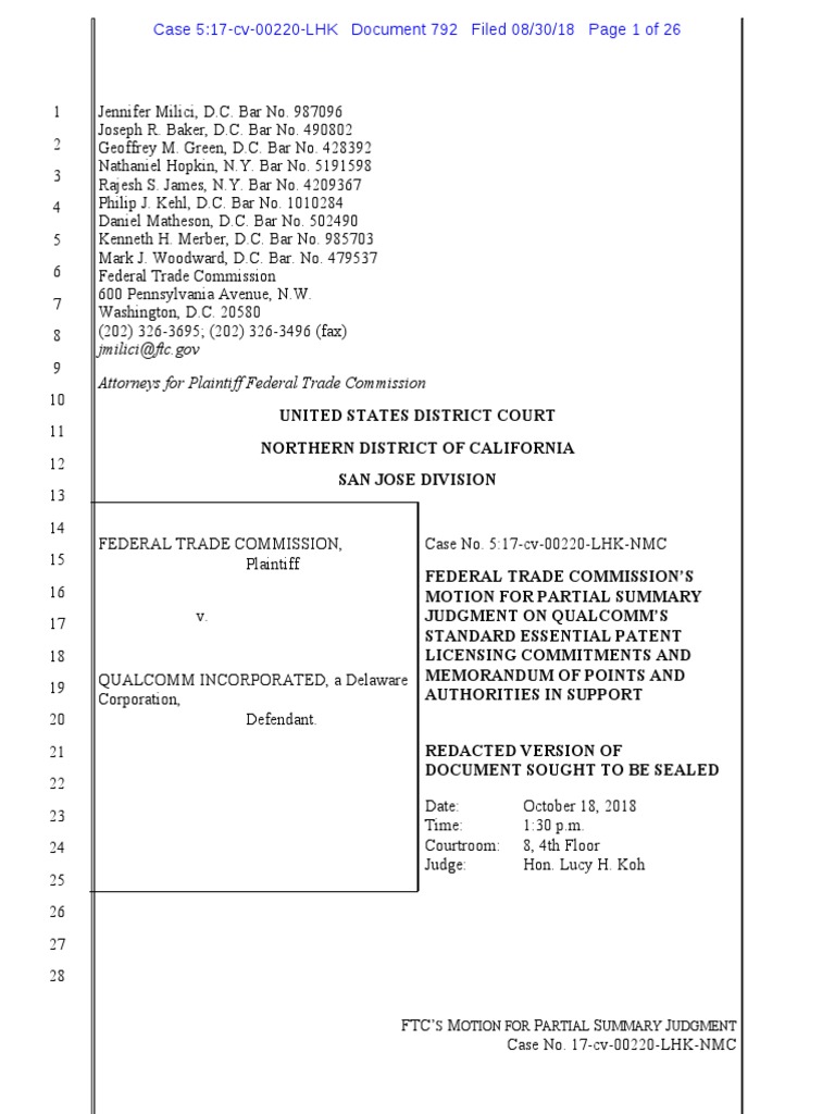 18-08-30 FTC Motion For Partial Summary Judgment Against Qualcomm | PDF ...