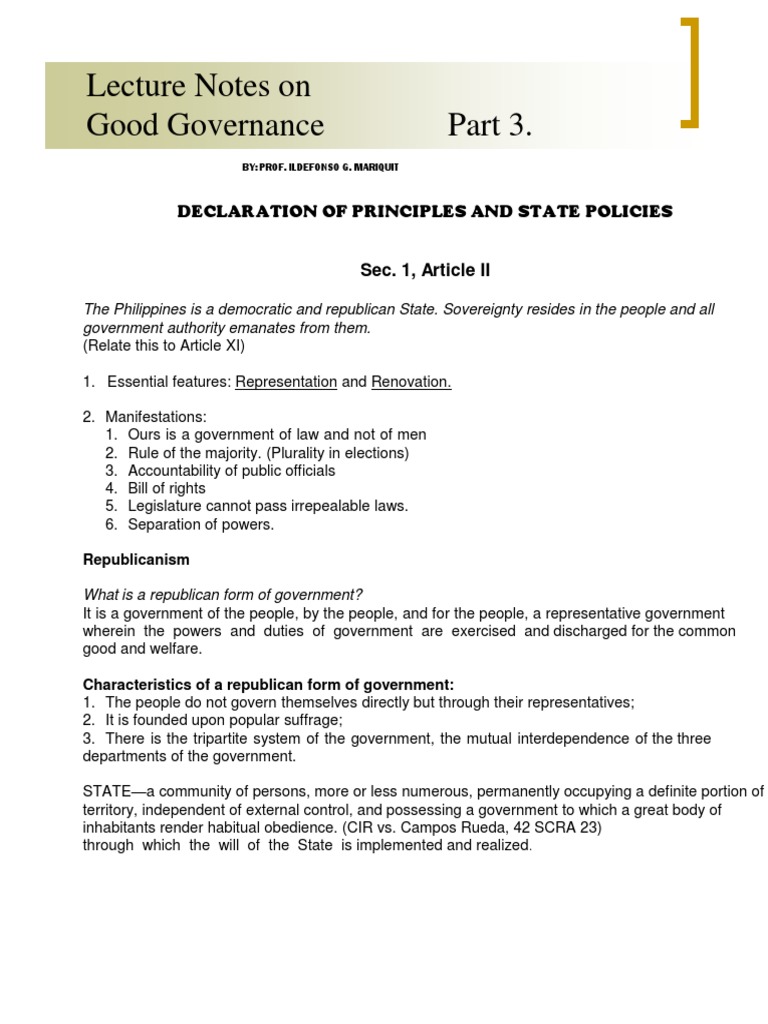 Lecture Notes On Good Governance: Declaration of Principles and State ...
