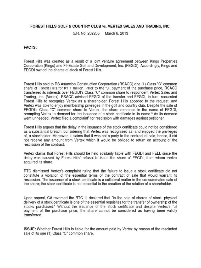 Forest Hills Vs Vertex | PDF | Prejudice (Legal Term) | Stocks