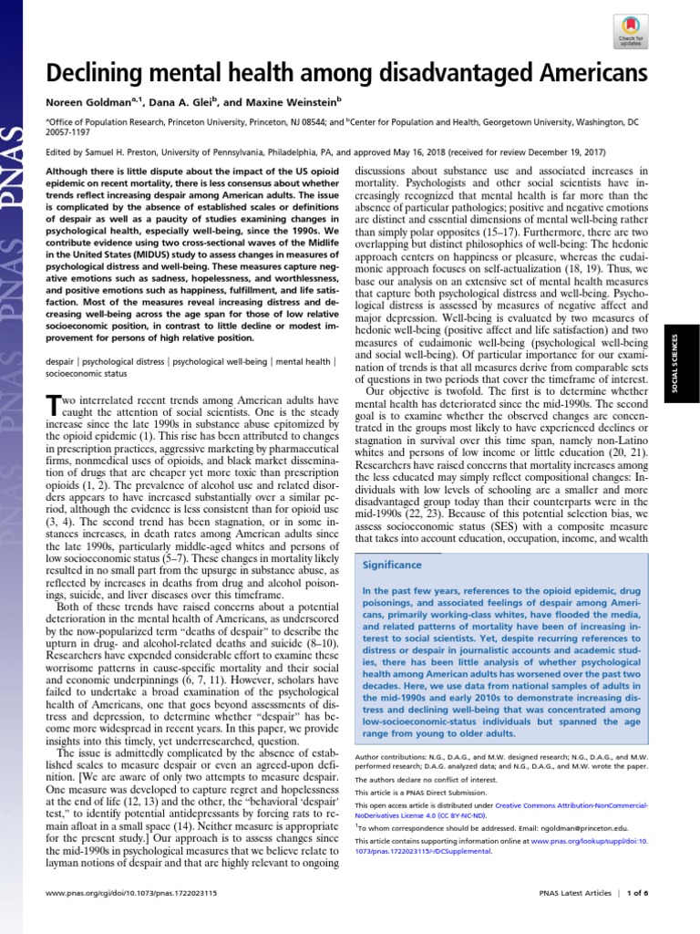 Declining Mental Health Among Disadvantaged Americans (Goldman 2018 ...