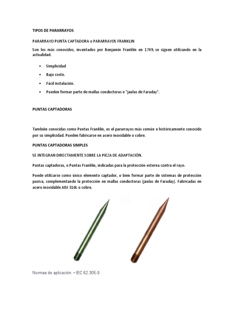 Tipos de Pararrayos | PDF | Relámpago | Materiales