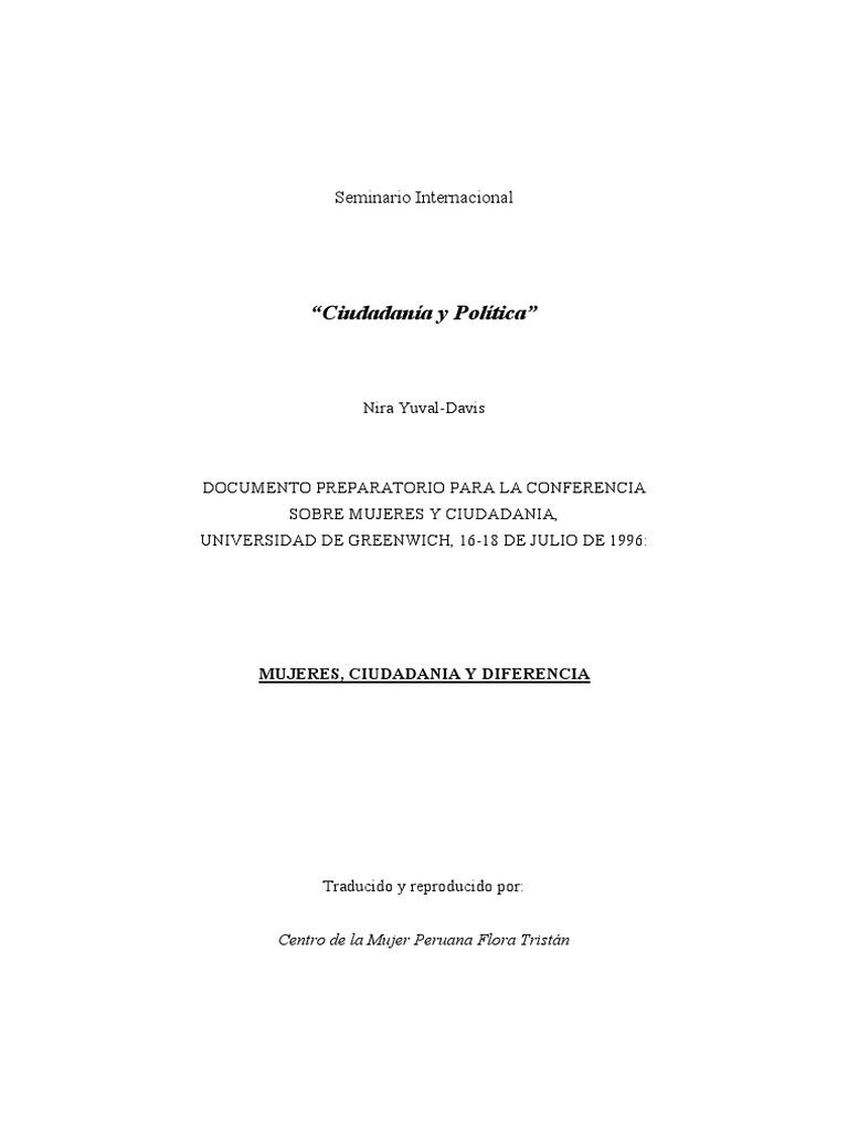 "Ciudadanía y Política" Nira Yuval-Davis | PDF | Ciudadanía | Estado ...