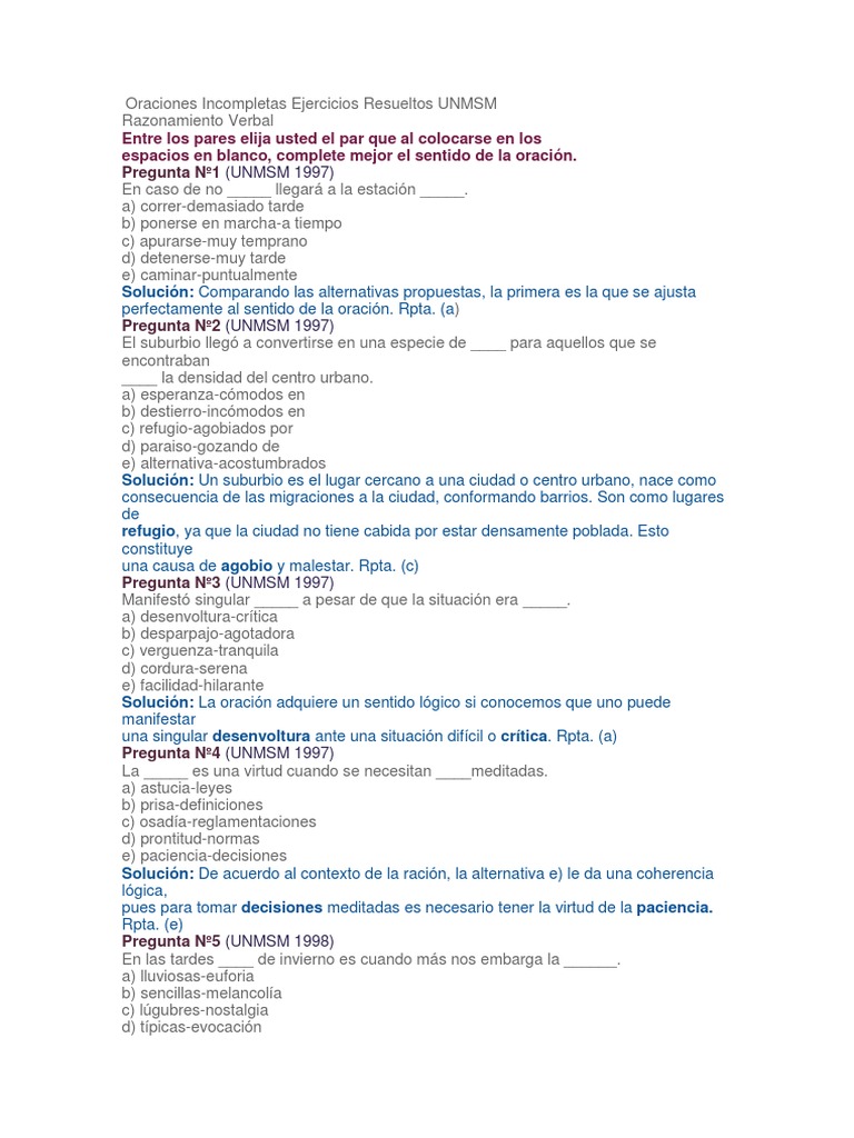 Oraciones Incompletas Ejercicios Resueltos Unmsm Pdf Epistemología