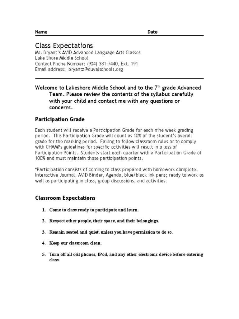 Class Expectations | PDF | Homework | Communication