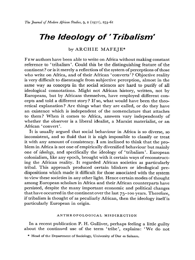MAFEJE, Archie. The Ideology of Tribalism. in The Journal of Modern ...