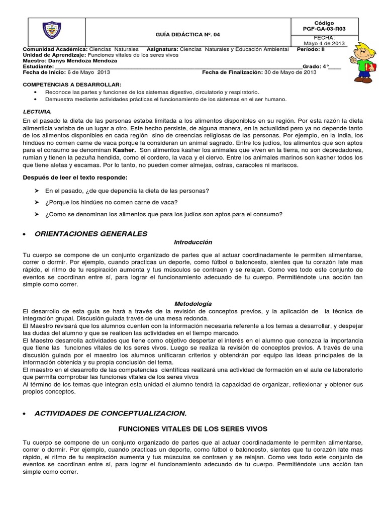 Guia No.4 Funciones Vitales de Los Seres Vivos | PDF | Pulmón | Digestión