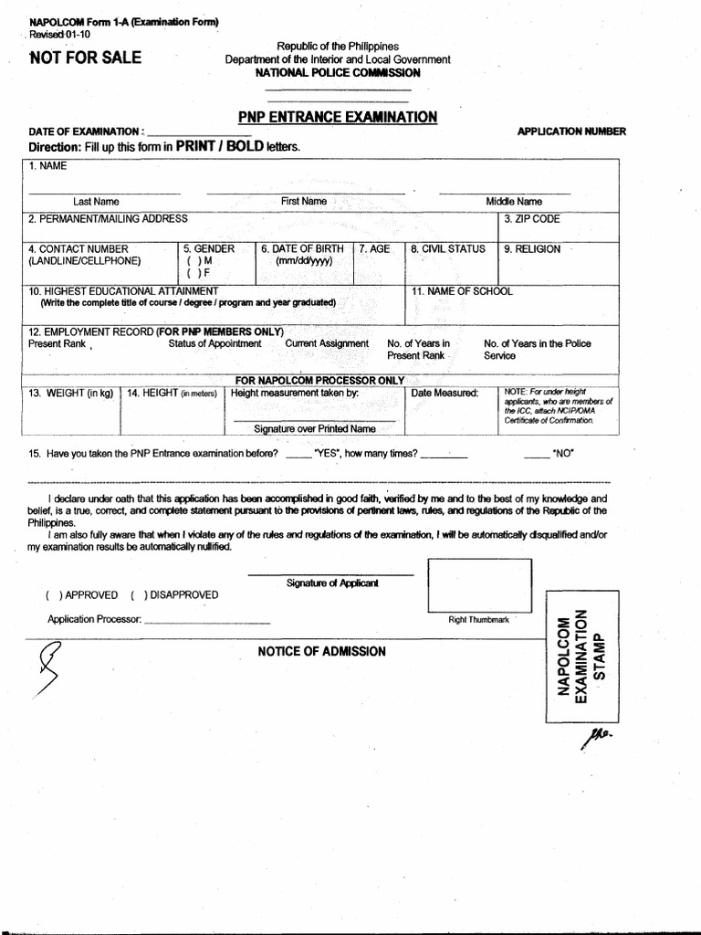 Napolcom Entrance Exam Form 1 A PDF | PDF