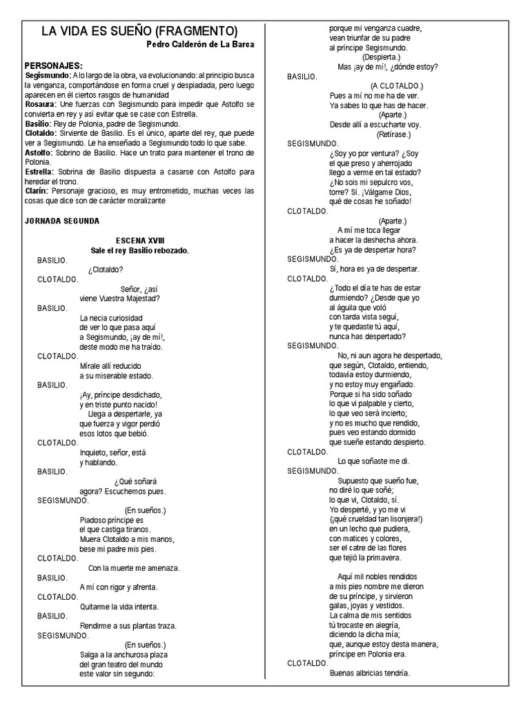 La Vida Es Sueño - Comprension Lectora | PDF