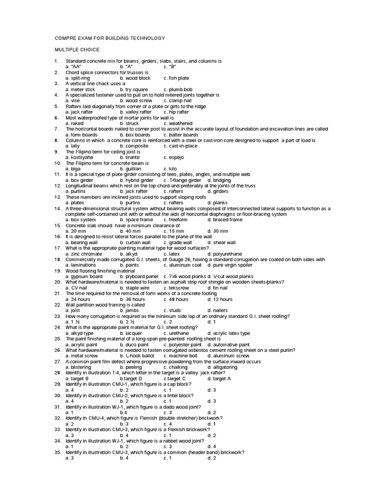 Compre Exam For Building Technology | PDF | Framing (Construction) | Truss