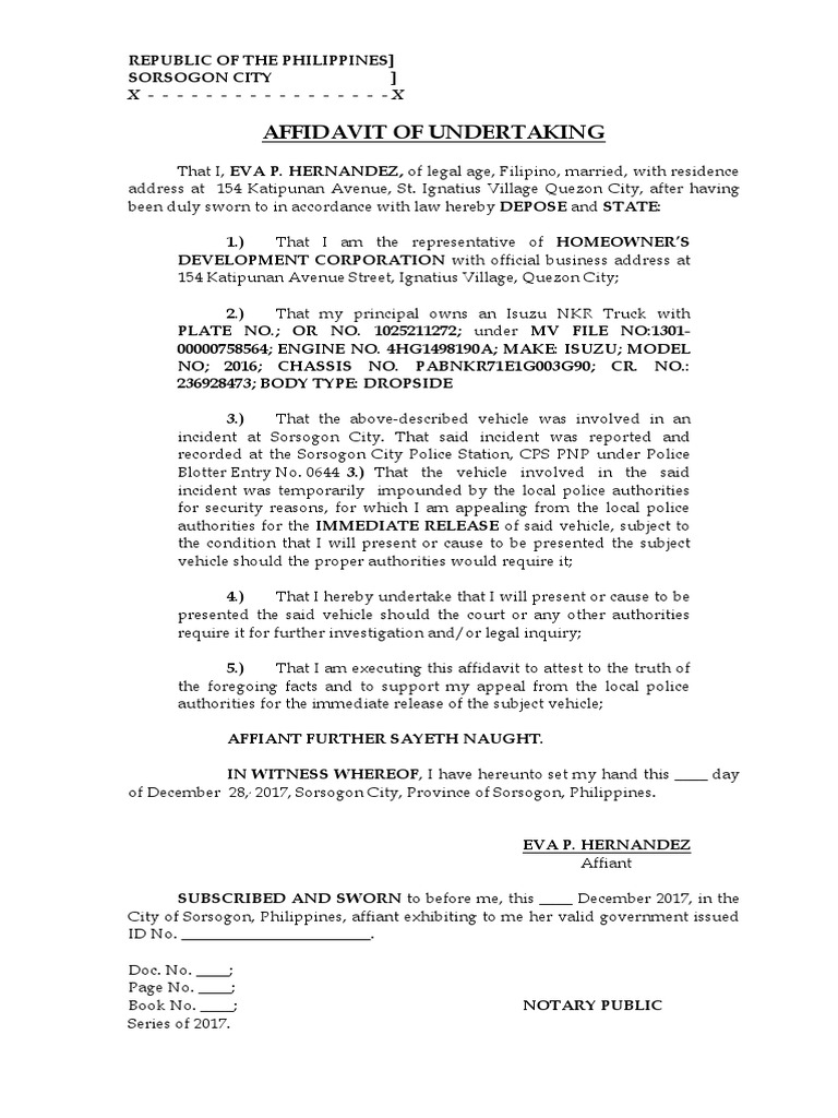 Affidavit of Undertaking | PDF | Affidavit | Social Institutions