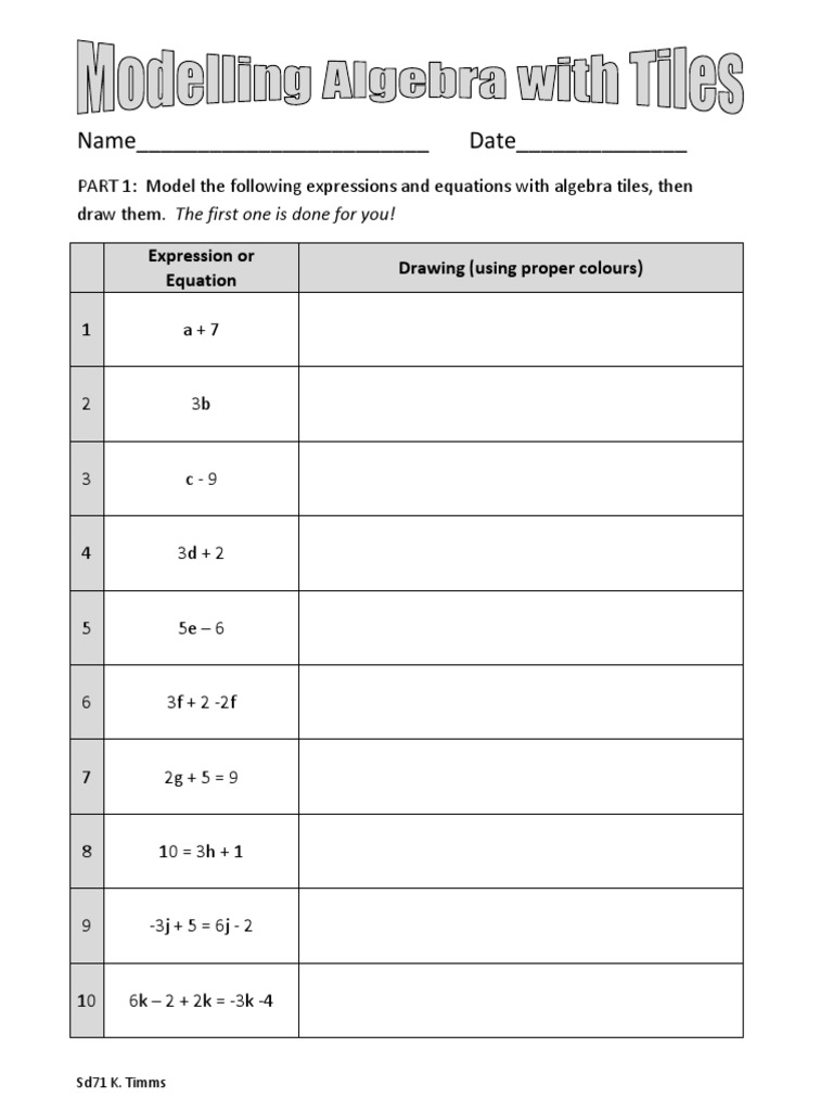 Algebra Tiles Practice for Grade 8 | PDF