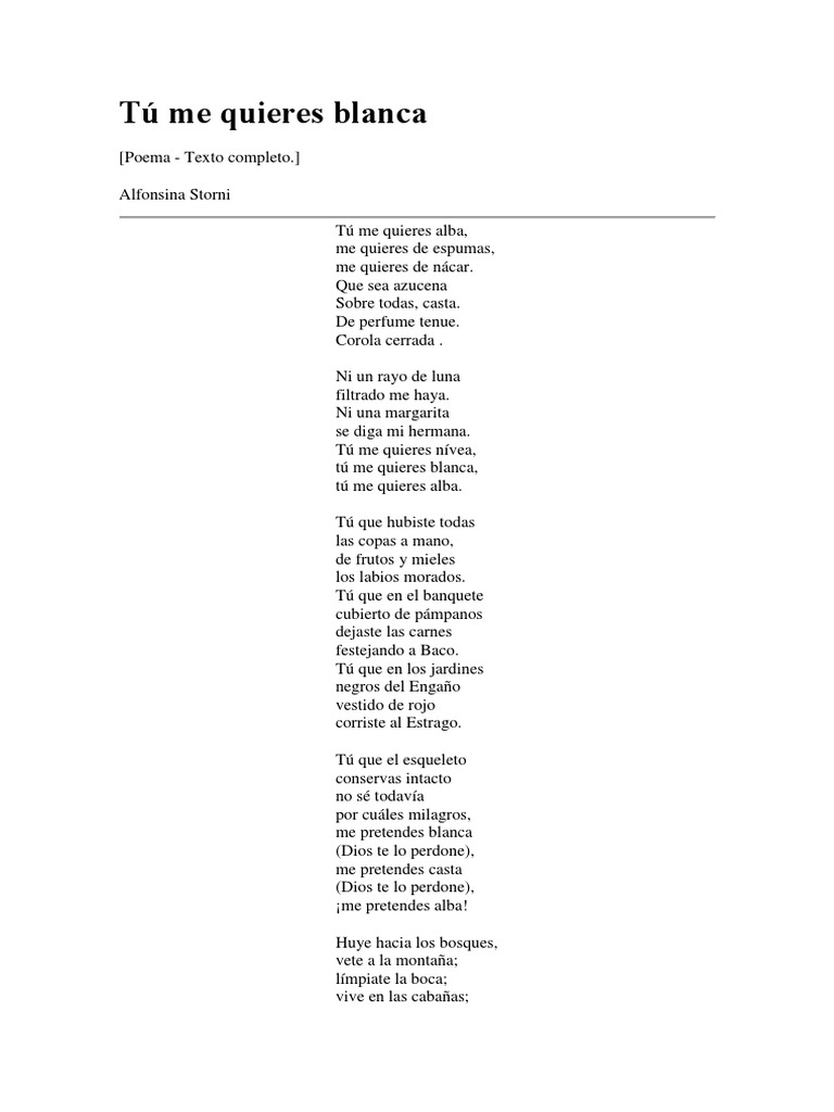 Alfonsina Storni - Poema - Tú Me Quieres Blanca | PDF