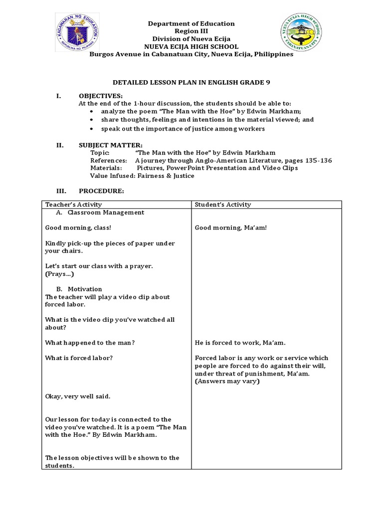 Grade 9 Lesson on "The Man with the Hoe" | PDF | Lesson Plan