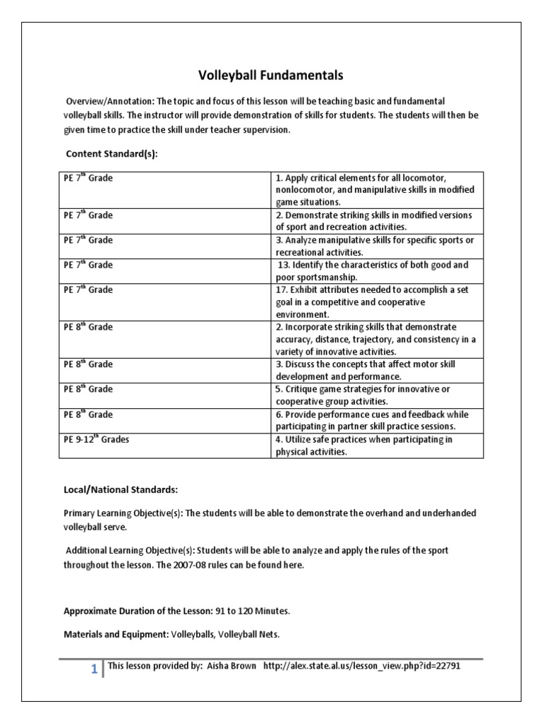 Volleyball Skills Lesson Plan | PDF | Volleyball | Lesson Plan