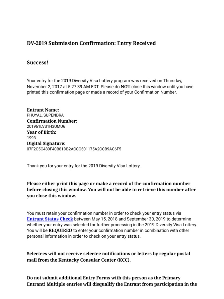 DV-2019 Lottery Submission Confirmation | PDF