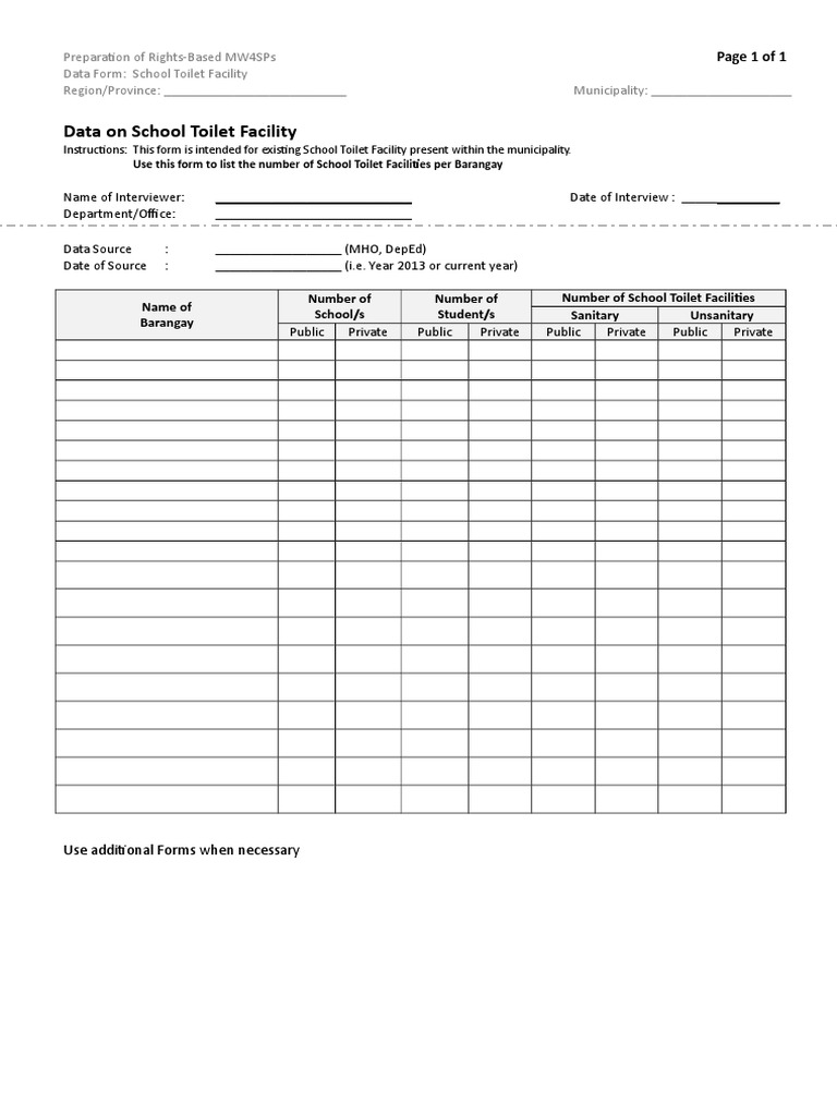 School Toilet Facility Data Collection Form | PDF | Sanitation | Schools
