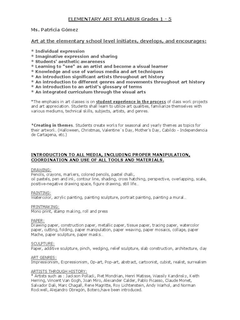 Elementary Art Syllabus Grades 1-5 | PDF | Drawing | Paintings