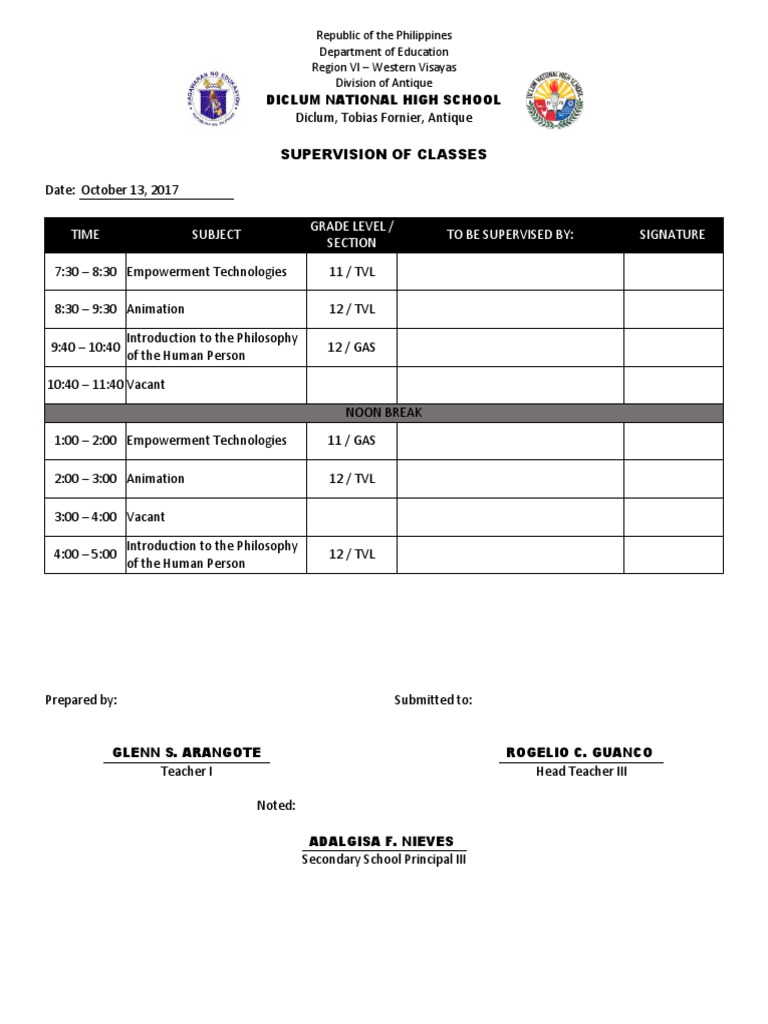 Time Subject Grade Level / Section To Be Supervised By: Signature | PDF