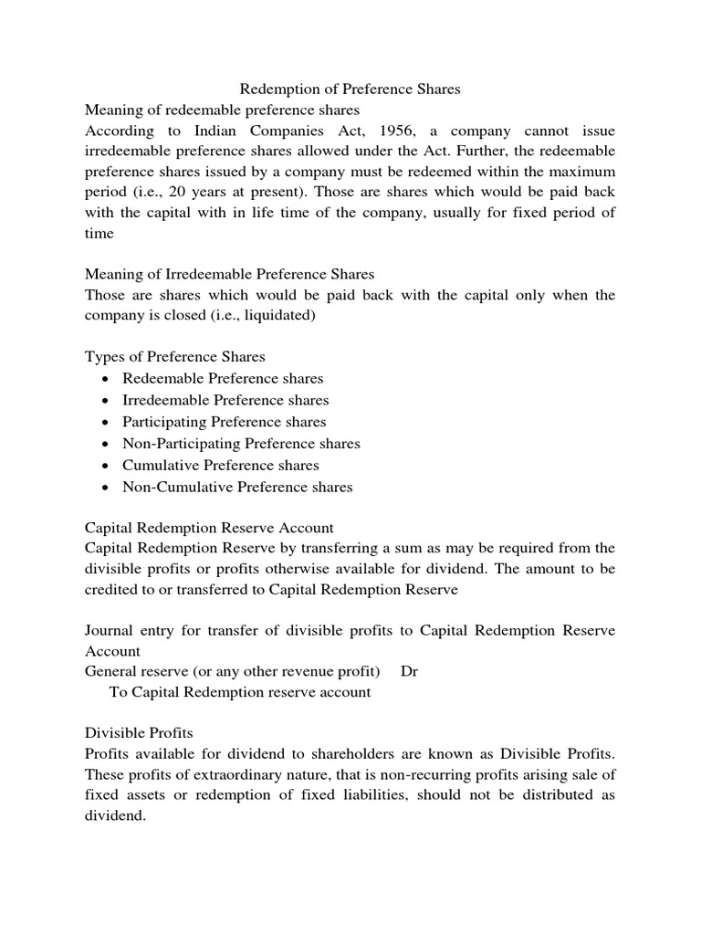 Redemption of Preference Shares | PDF