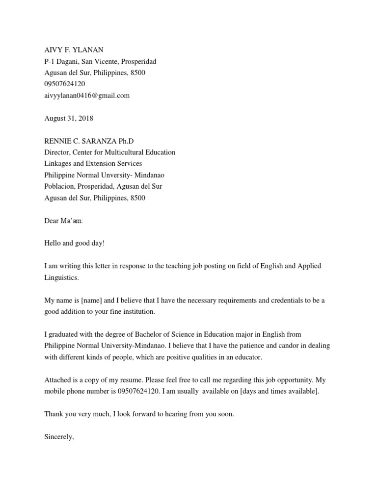 Application Letter For Teacher | PDF