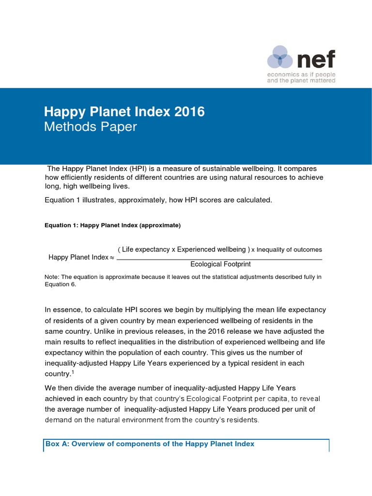 Happy Planet Index 2016: Methods Paper | PDF | Life Expectancy ...