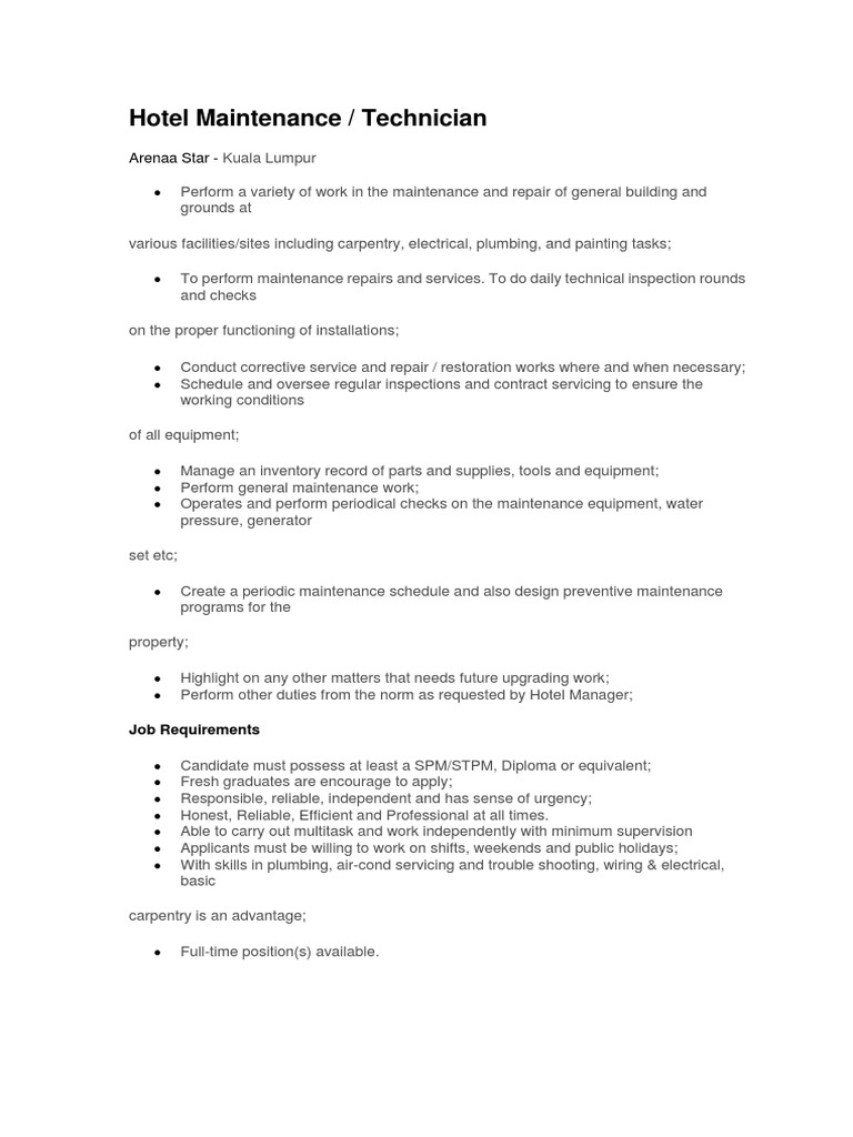 Hotel Maintenance / Technician: Arenaa Star | PDF | Business