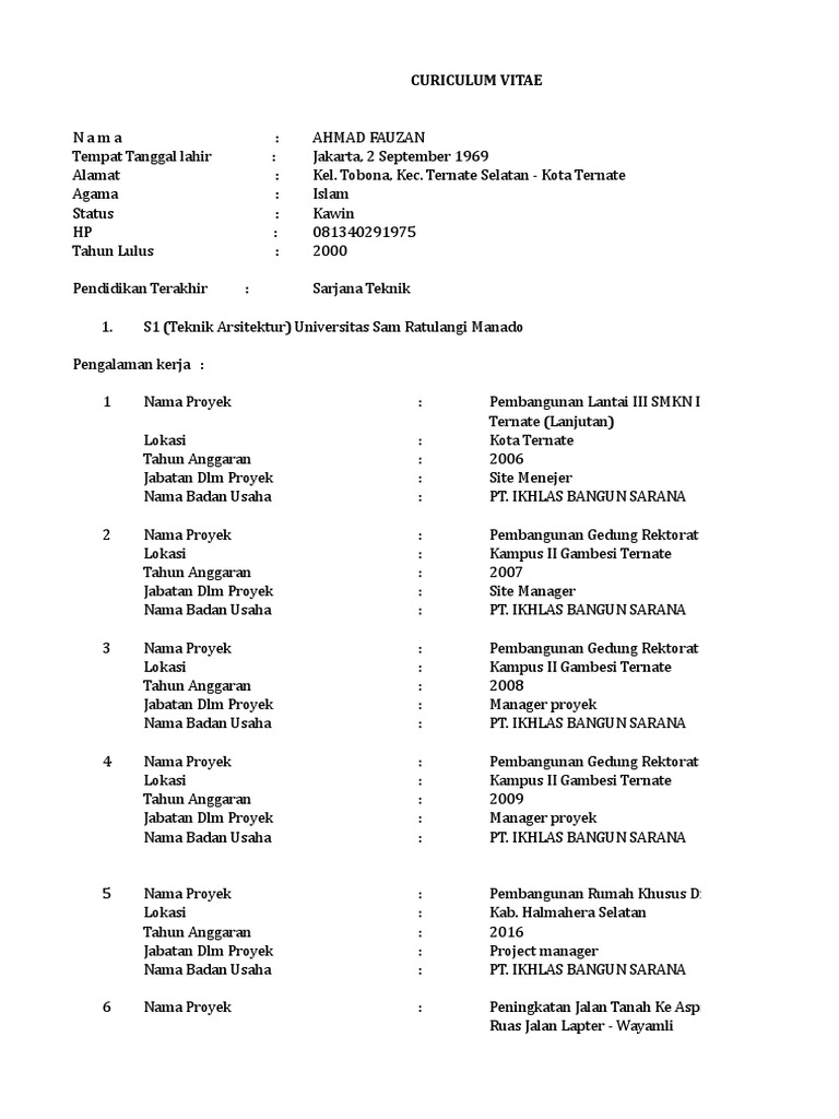 CV Tenaga Ahli Proyek Konstruksi | PDF