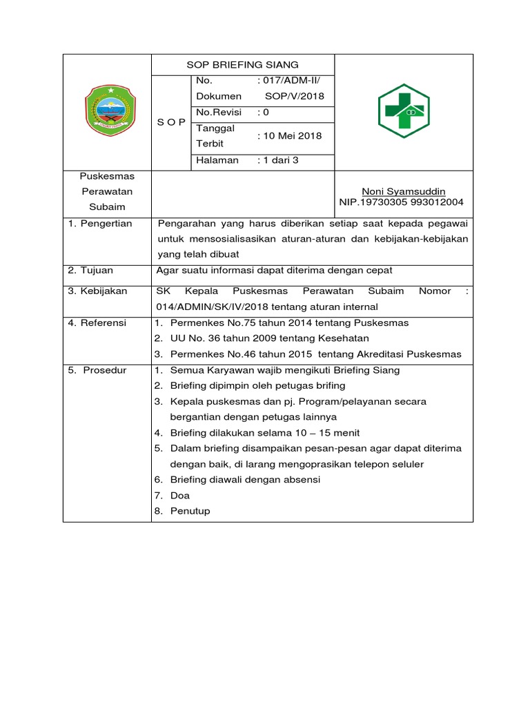 SOP Briefing Siang Puskesmas | PDF | Bisnis