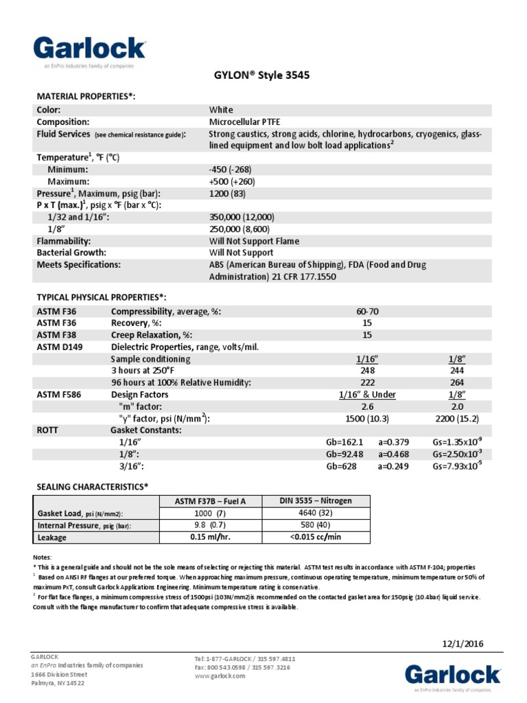 Garlock GYLON Style 3545 Spec Sheet - (NA) 2016-12 EN.pdf | Chemistry ...