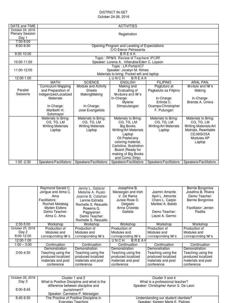 District Inset Matrix | PDF | Teaching | Schools