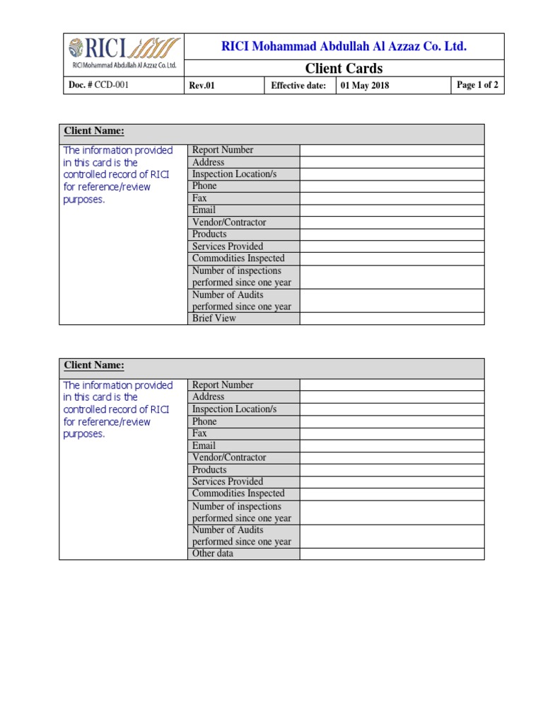 Client Cards: RICI Mohammad Abdullah Al Azzaz Co. LTD | PDF