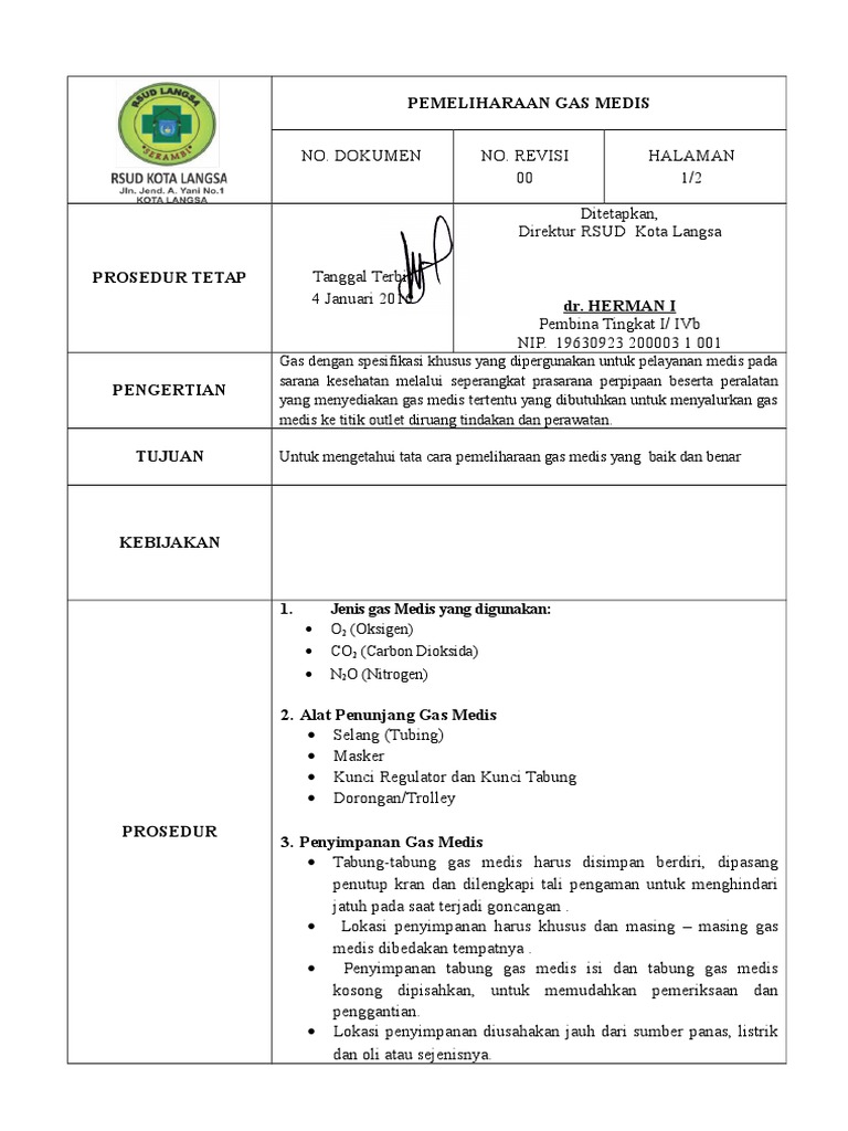 Sop Pemeliharaan Gas Medis PDF | PDF